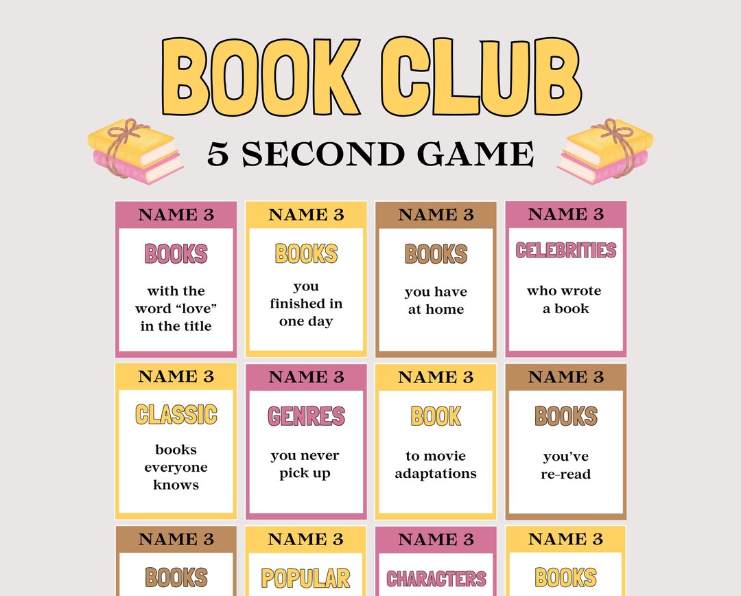 Book Club 5 Second Game, Fun Printable Book Club Game, Book Club ...