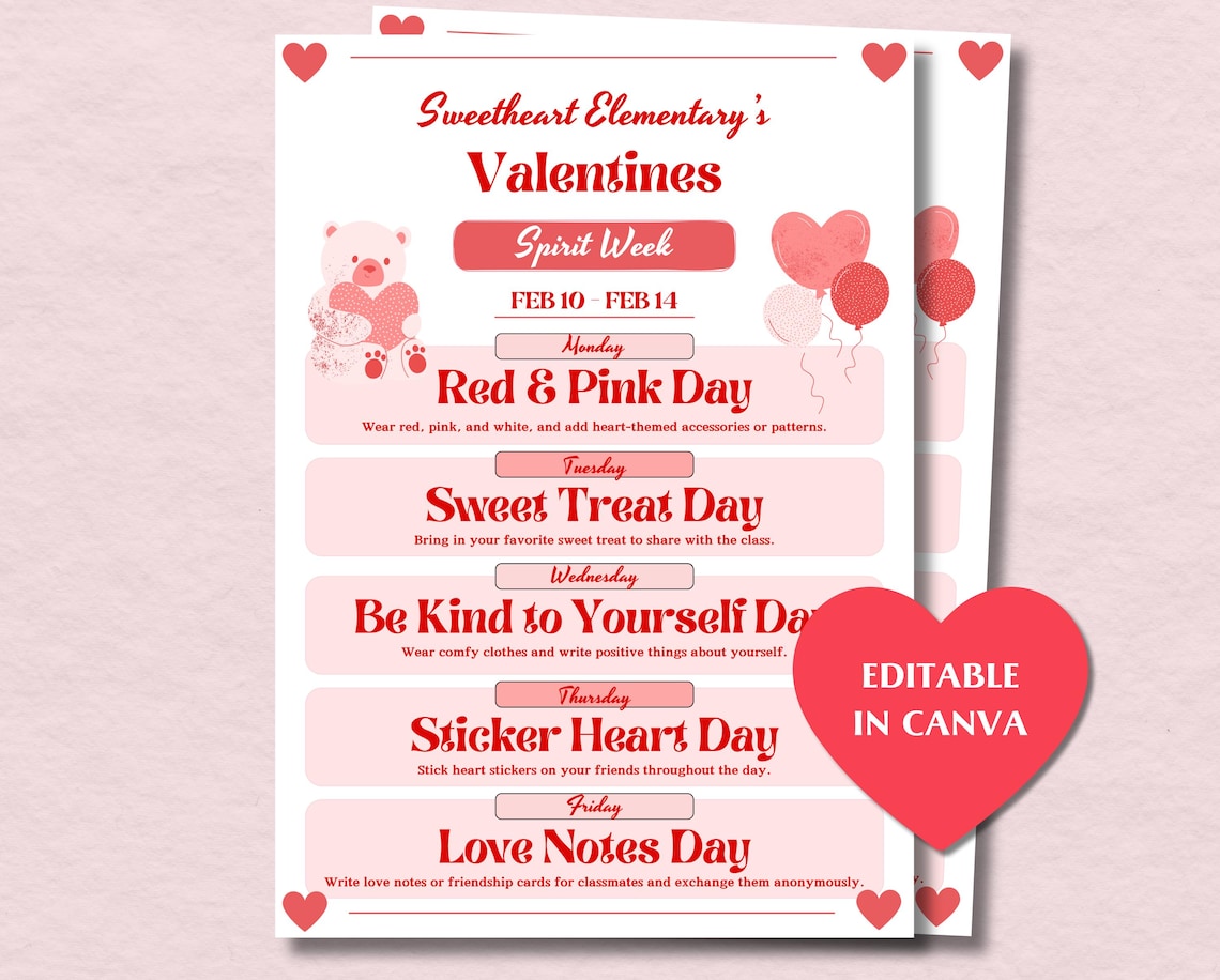 Valentine Spirit Week Flyer, Valentine's Day Spirit Week Editable ...
