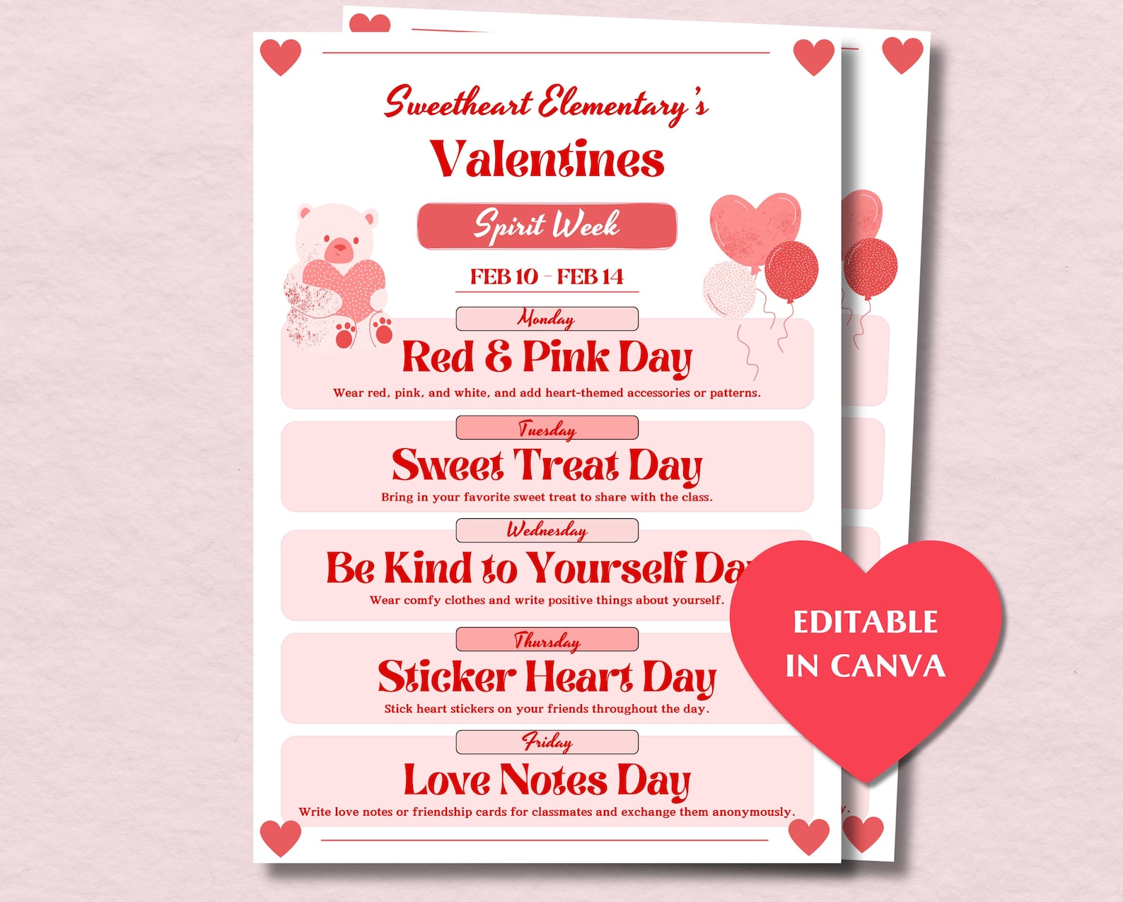 Valentine Spirit Week Flyer, Valentine's Day Spirit Week Editable ...