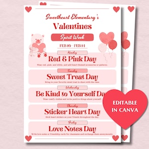 Valentine Spirit Week Flyer, Valentine's Day Spirit Week Editable ...