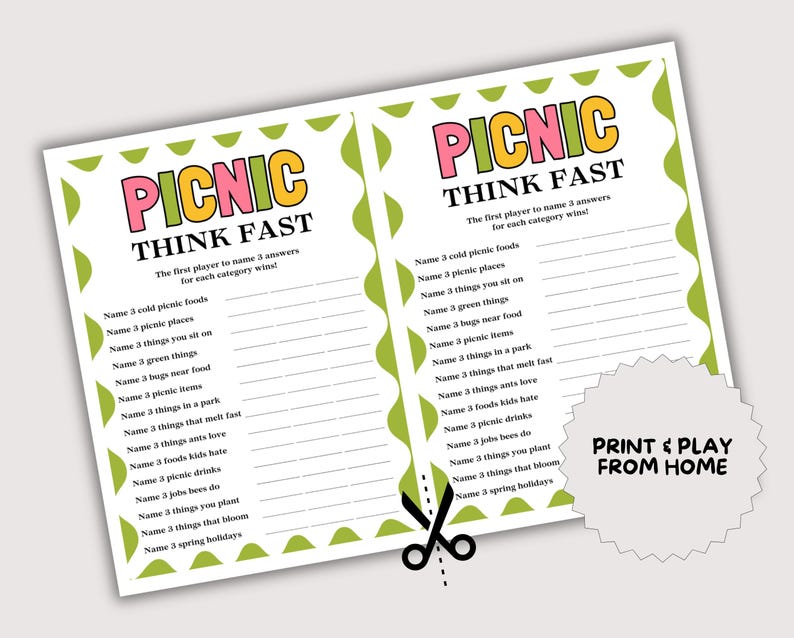 Picnic Think Fast Game, Fun Picnic in the Park Game for Kids Adults ...