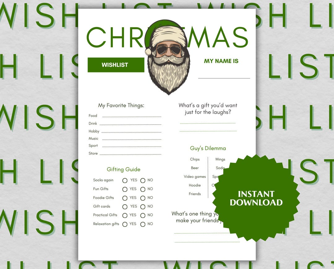 Secret Santa Wish List Printable, Guys Gift Wish List, Christmas Wish ...