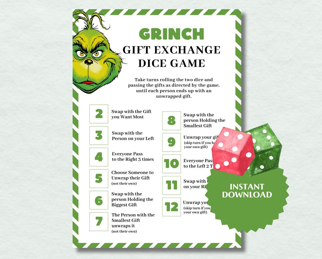 Grinch Gift Exchange Dice Game, Funny Christmas Pass the Gift Grinch ...