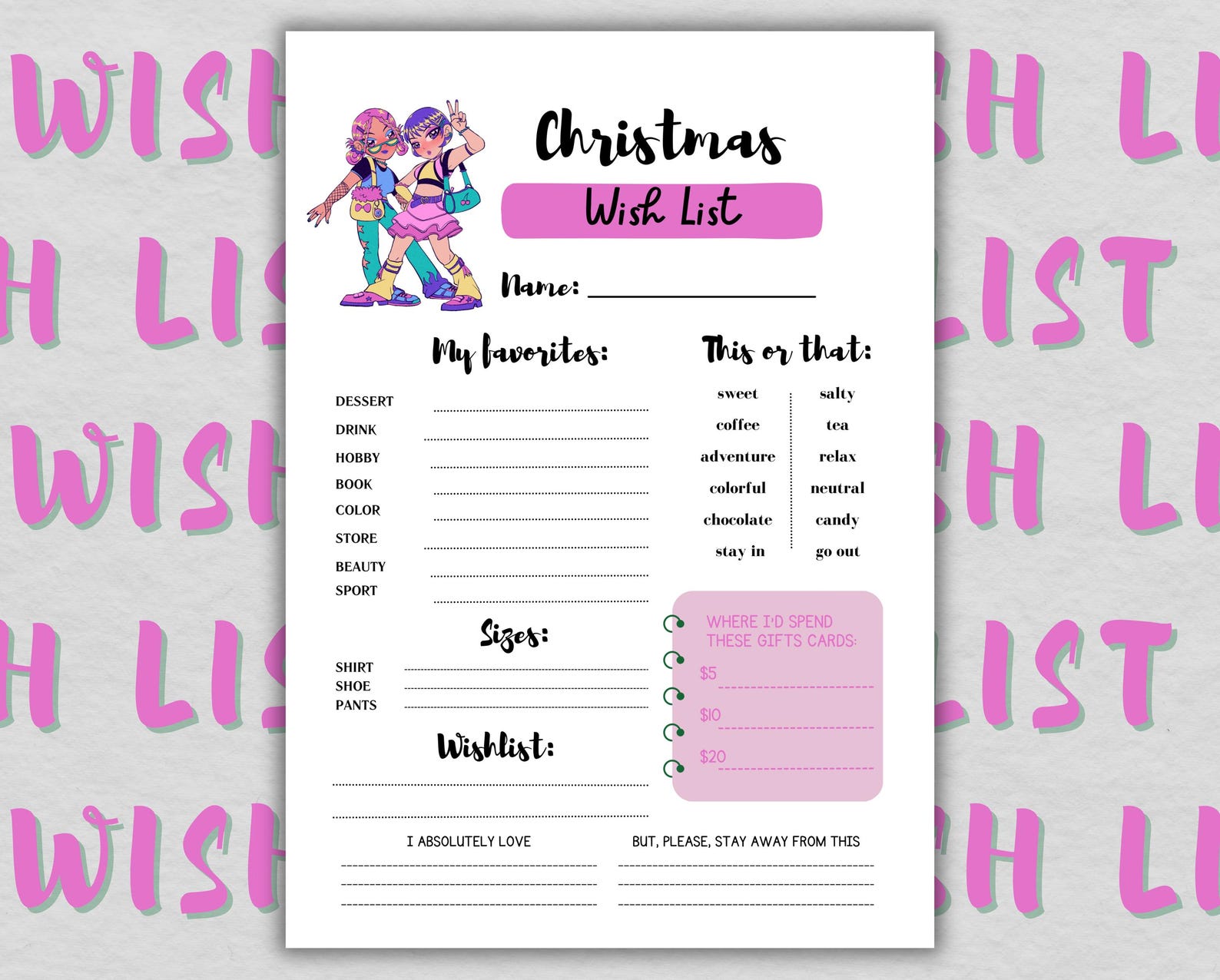 Christmas Wish List Printable, Teen Favorite Things List, Pink Secret ...