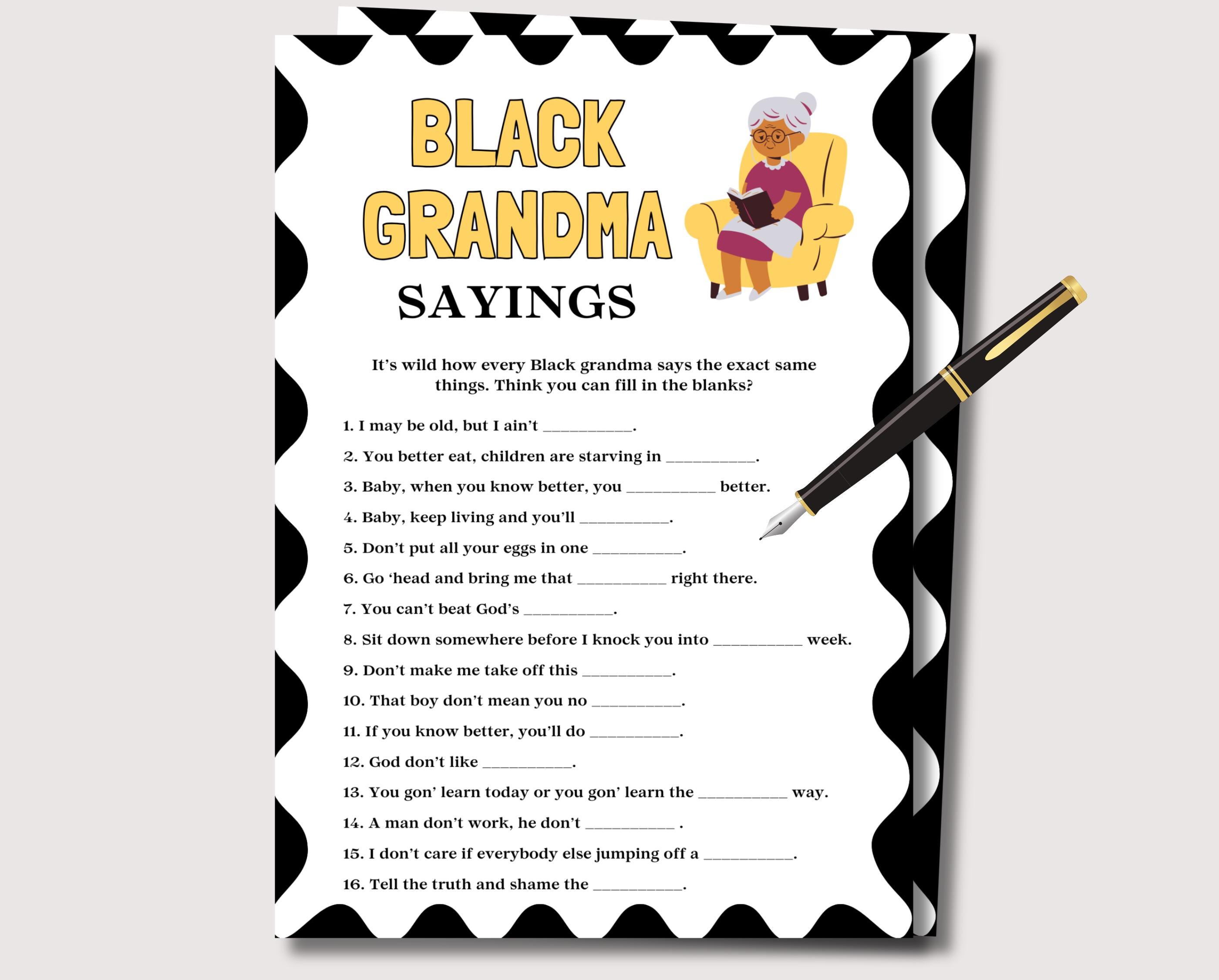 Black Grandma Sayings Game, Fun Game for Seniors and Black Family ...