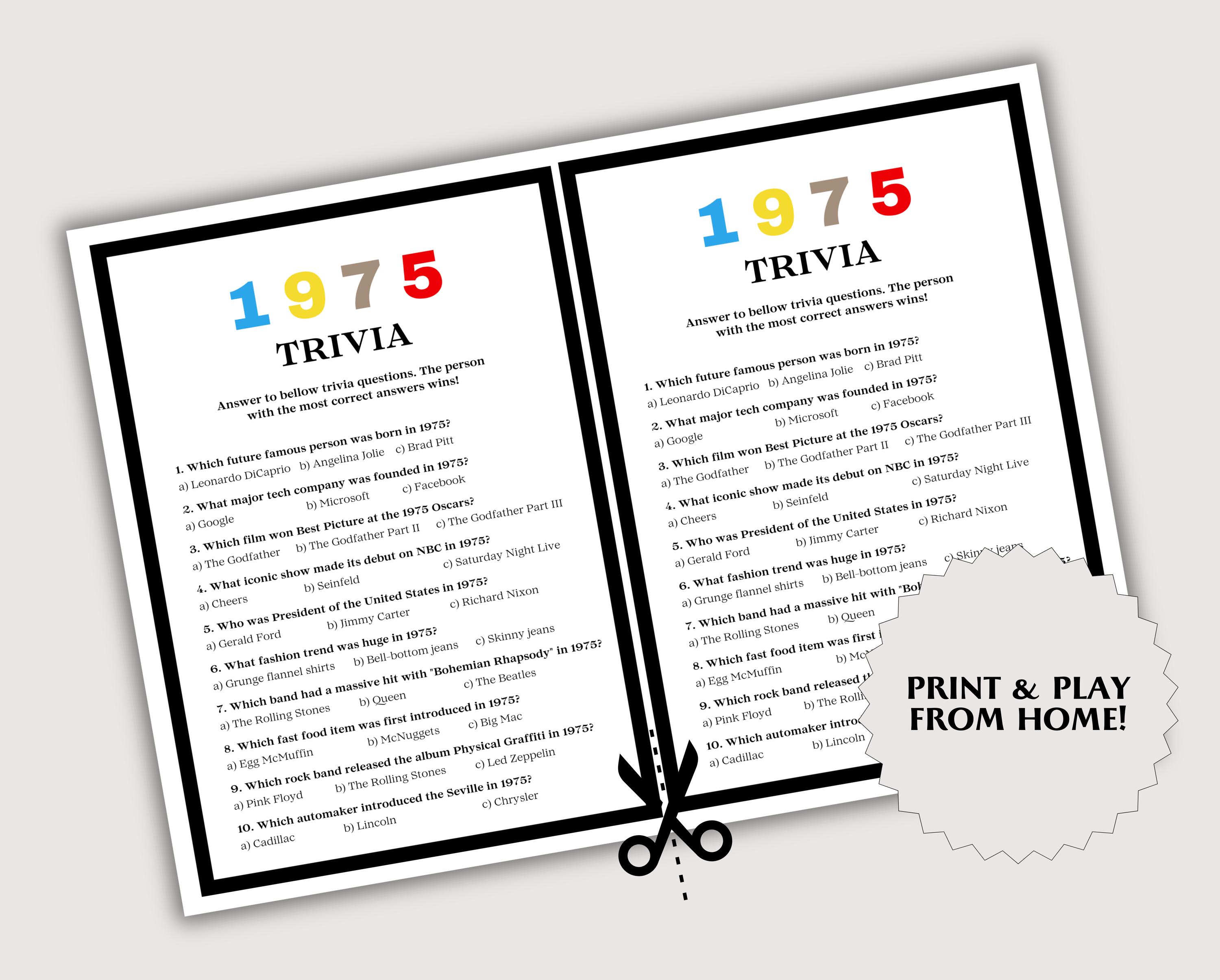 1975 Trivia Game, 50th Birthday Party Activities, 50th Birthday Trivia ...