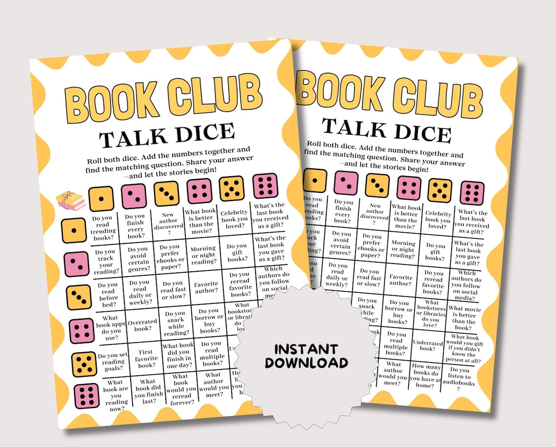 Book Club Talk Dice Game, Fun Printable Book Club Game, Book Club Party ...