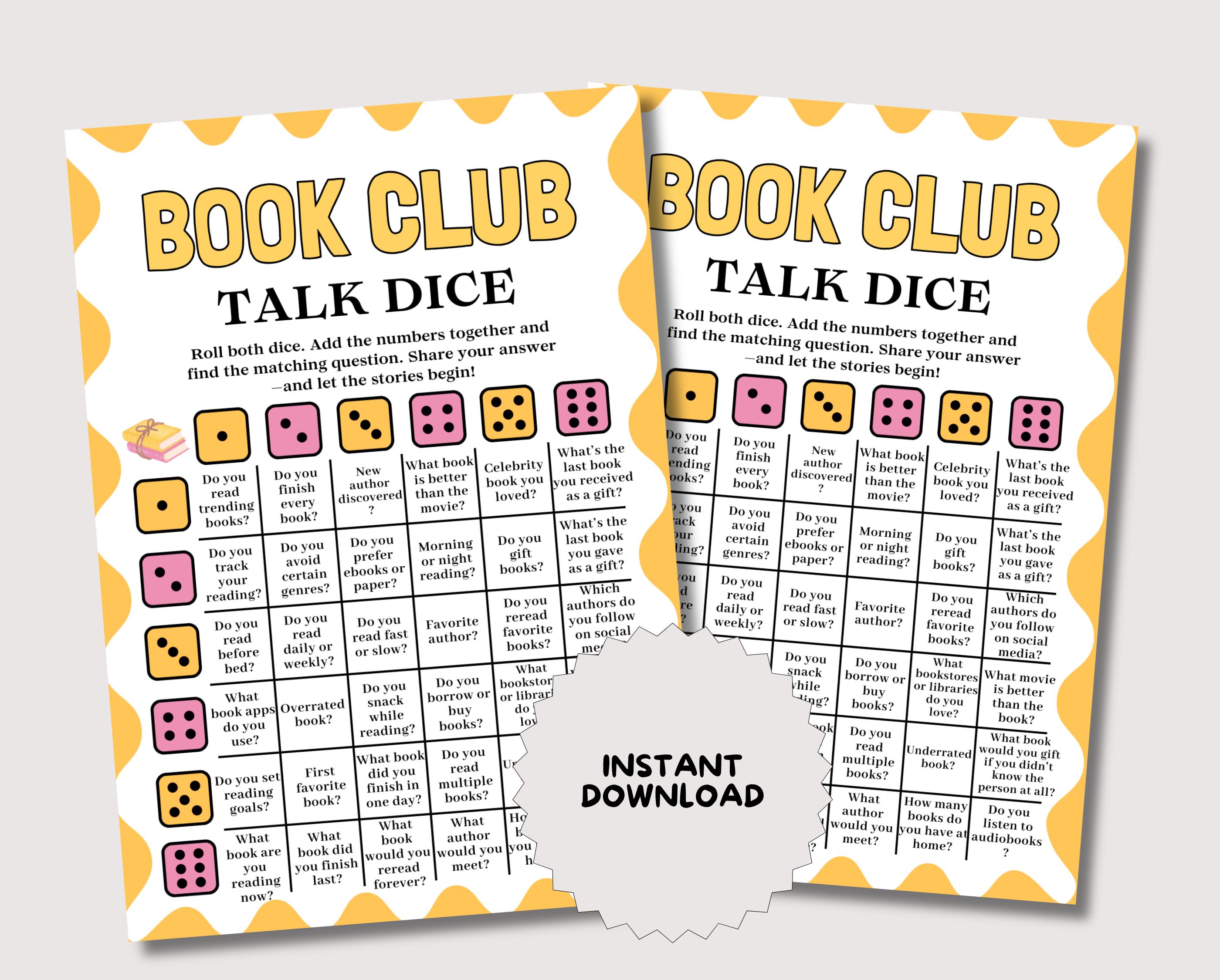 Book Club Talk Dice Game, Fun Printable Book Club Game, Book Club Party ...