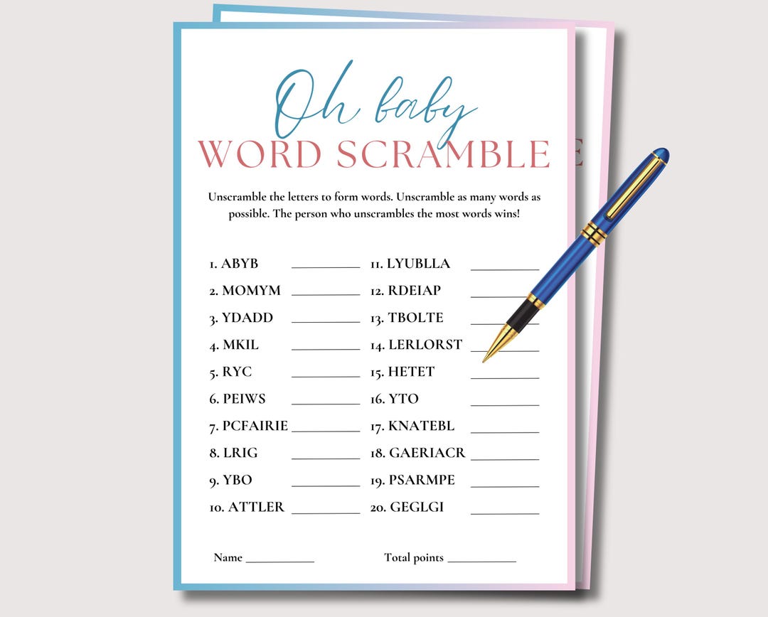 Gender Reveal Word Scramble, Baby Shower Trivia Quiz Game, Gender ...