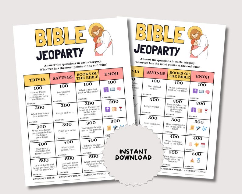 Bible Jeopardy Game, Fun Bible Trivia Game for Kids and Adults Bible ...