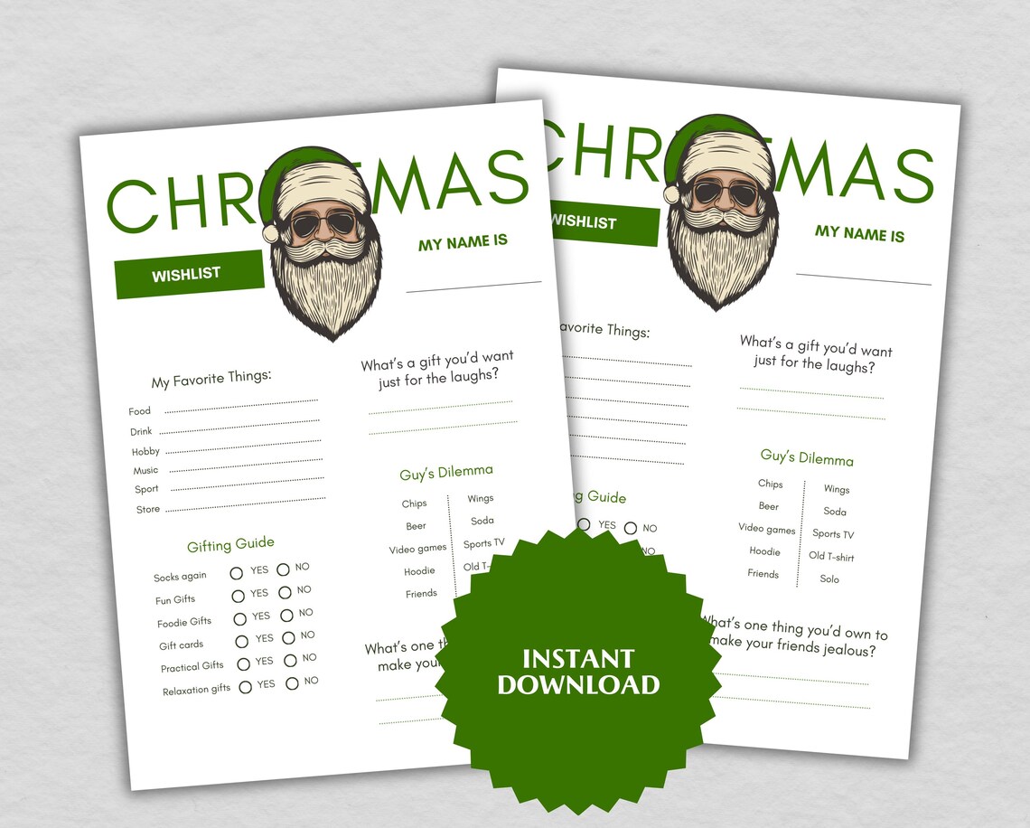 Secret Santa Wish List Printable, Guys Gift Wish List, Christmas Wish ...