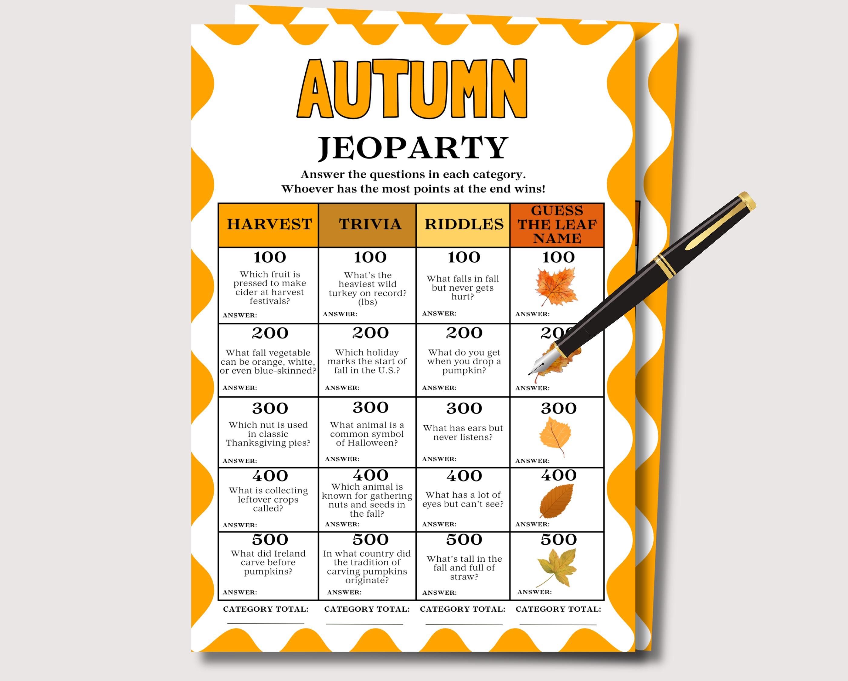 Fall Jeopardy Game, Fun Fall Game for Adults Kids and Seniors, Autumn ...