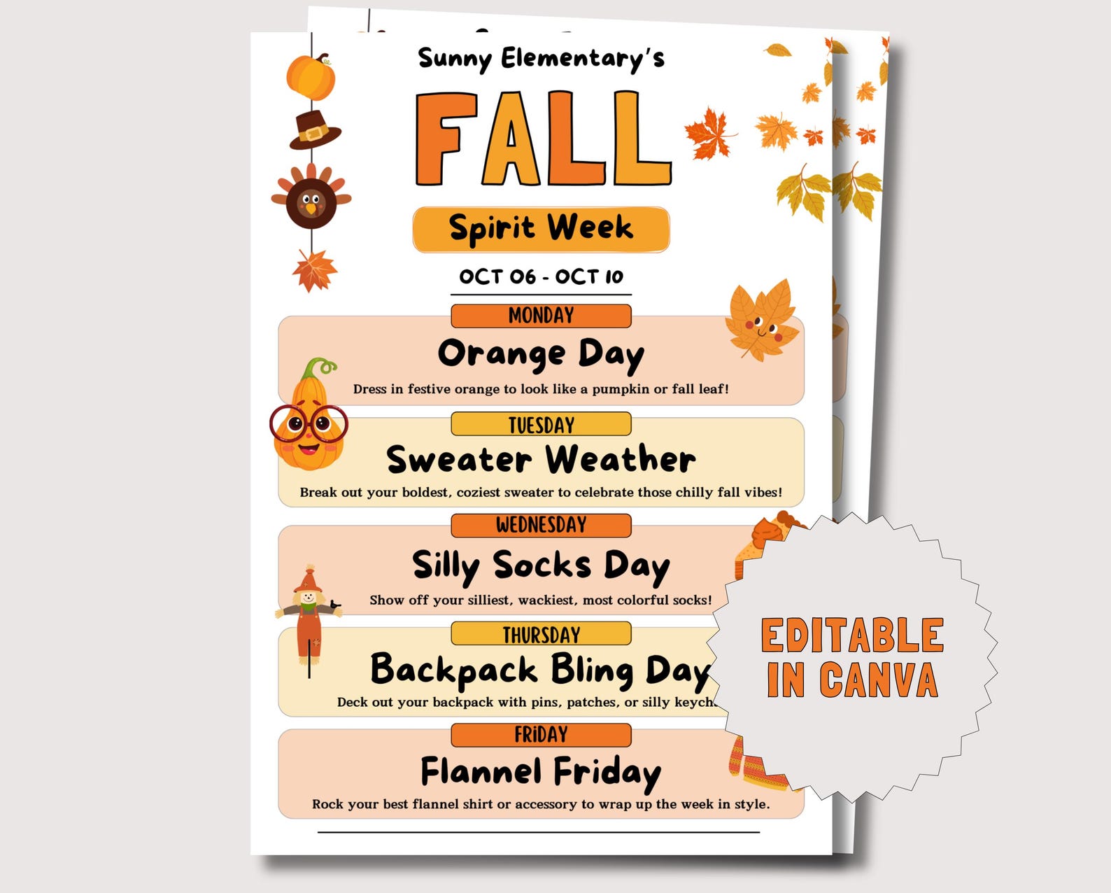 Fall Spirit Week Flyer Editable in Canva, Autumn School Spirit Week ...