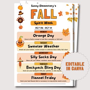 Fall Spirit Week Flyer Editable in Canva, Autumn School Spirit Week ...