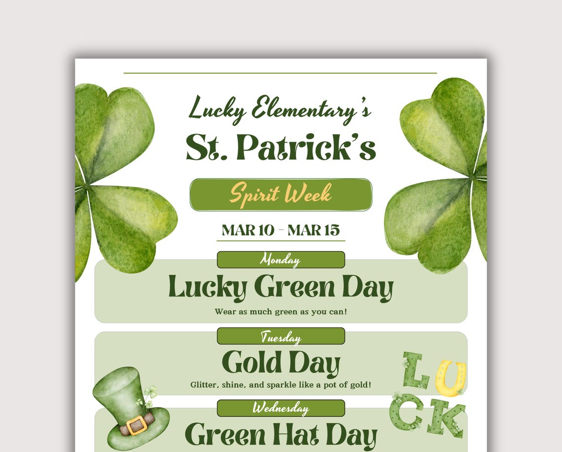 St Patricks Day Spirit Week Flyer Editable in Canva, March School ...