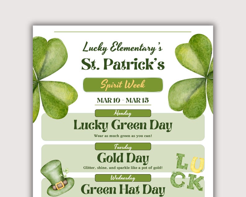 St Patricks Day Spirit Week Flyer Editable in Canva, March School ...