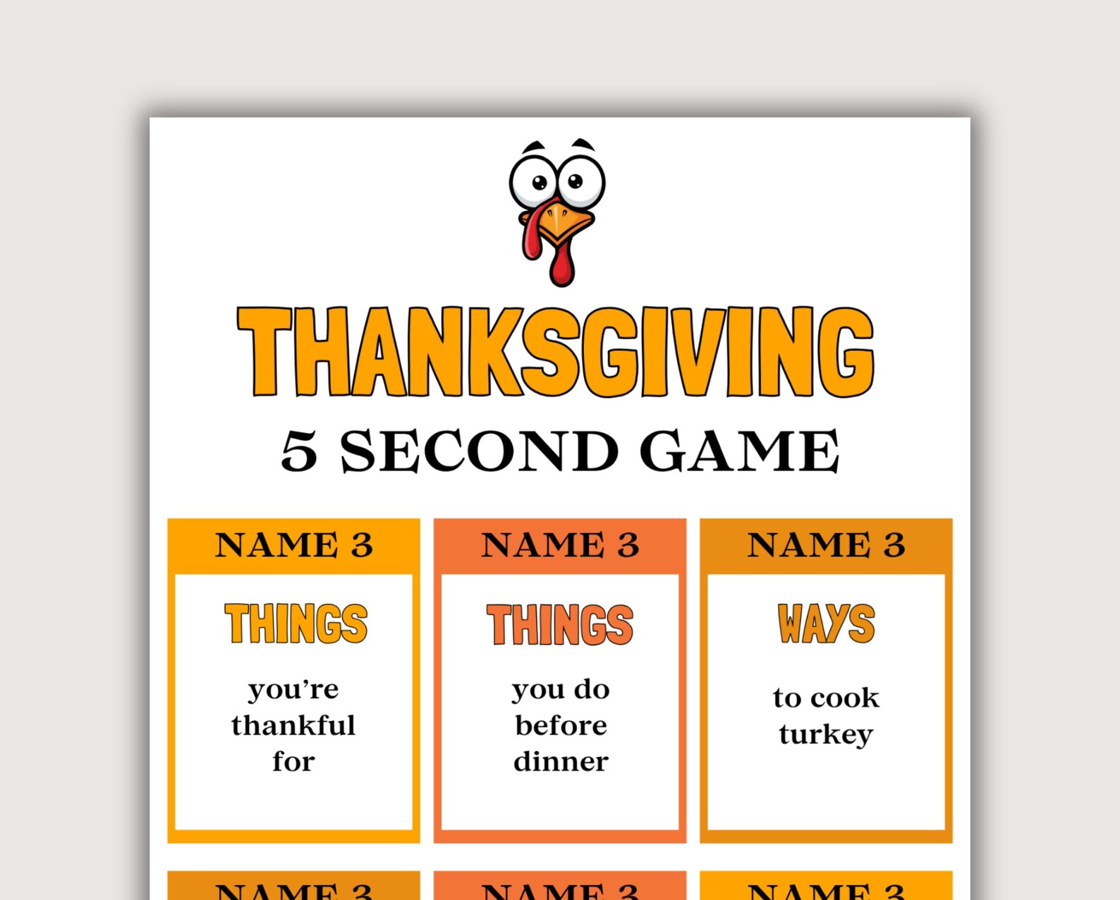 Thanksgiving 5 Second Game, Fun Thanksgiving Game for Adults Kids ...