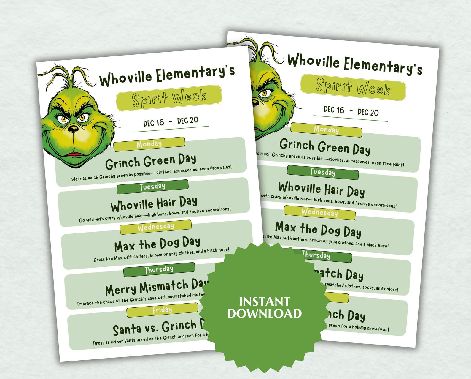 Grinch Spirit Week, Funny Christmas Spirit Week Template, Whoville ...