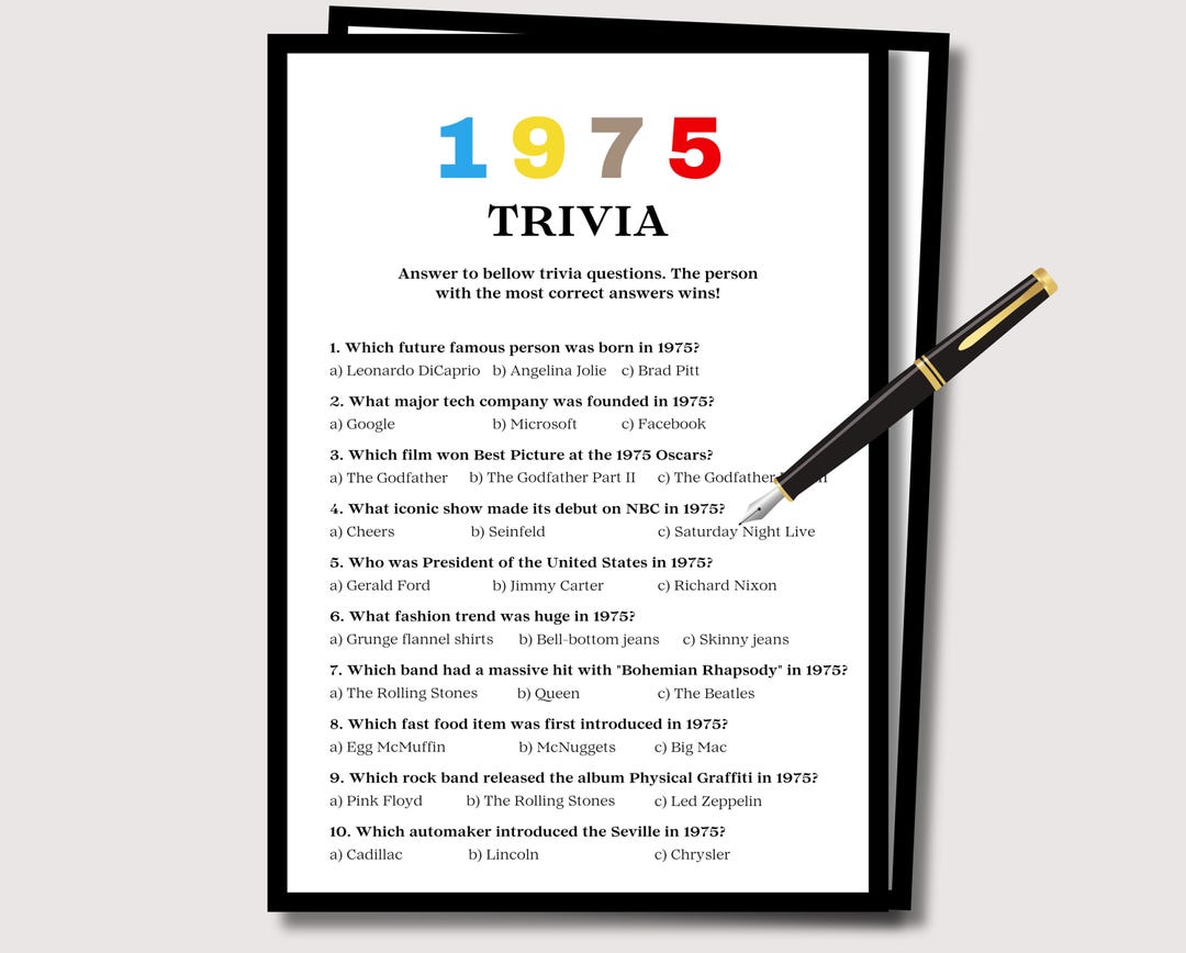 1975 Trivia Game, 50th Birthday Party Activities, 50th Birthday Trivia ...