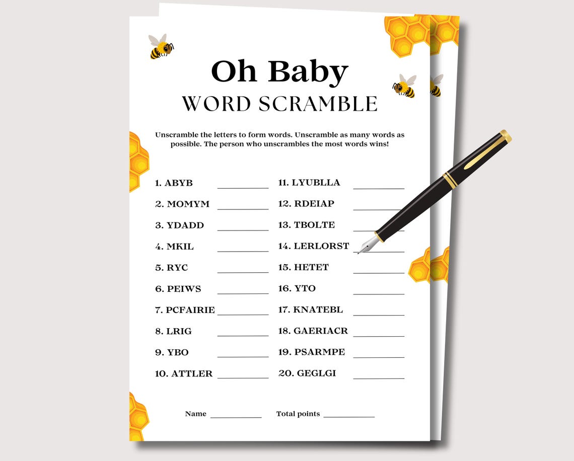 Printable Baby Shower Word Scramble Game, Bee Baby Shower Game, Gender ...