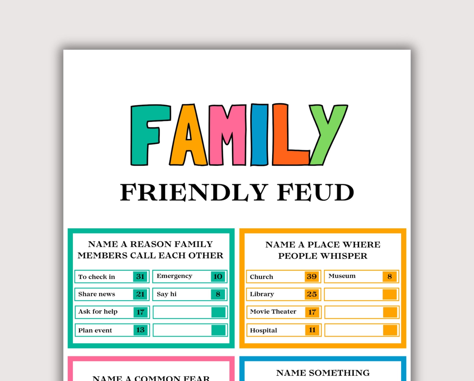 Family Feud Game, Fun Printable Family Reunion Game for Kids Adults ...