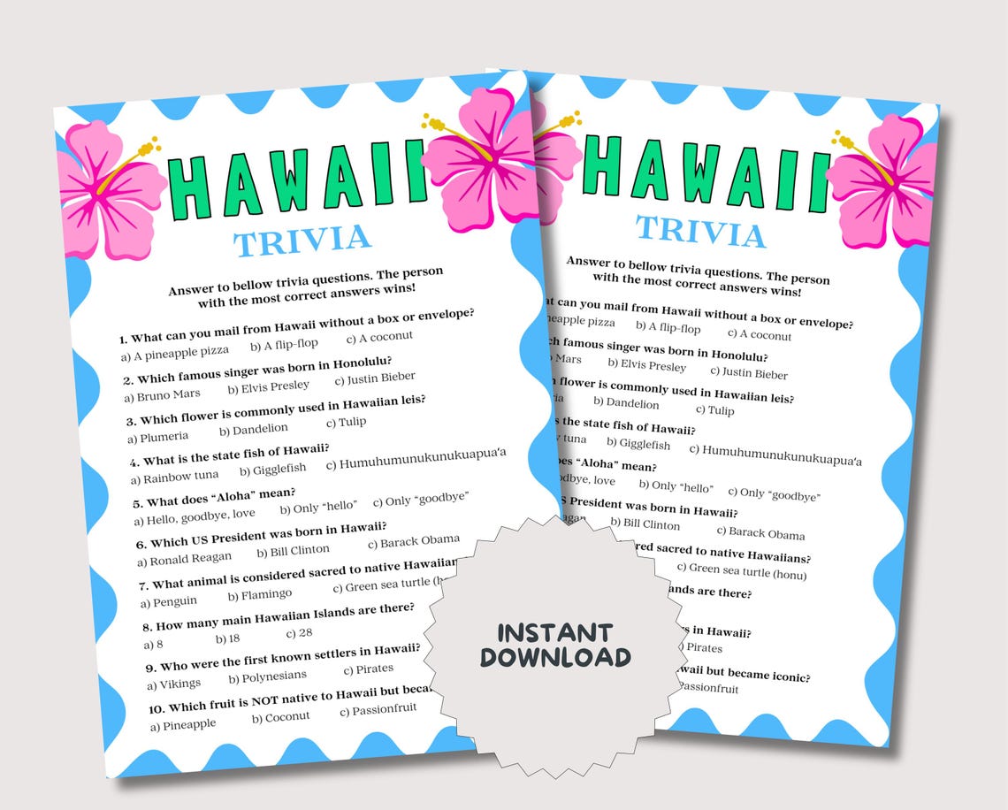 Hawaii Trivia Game, Printable Luau Party Game, Hawaiian Quiz, Aloha ...
