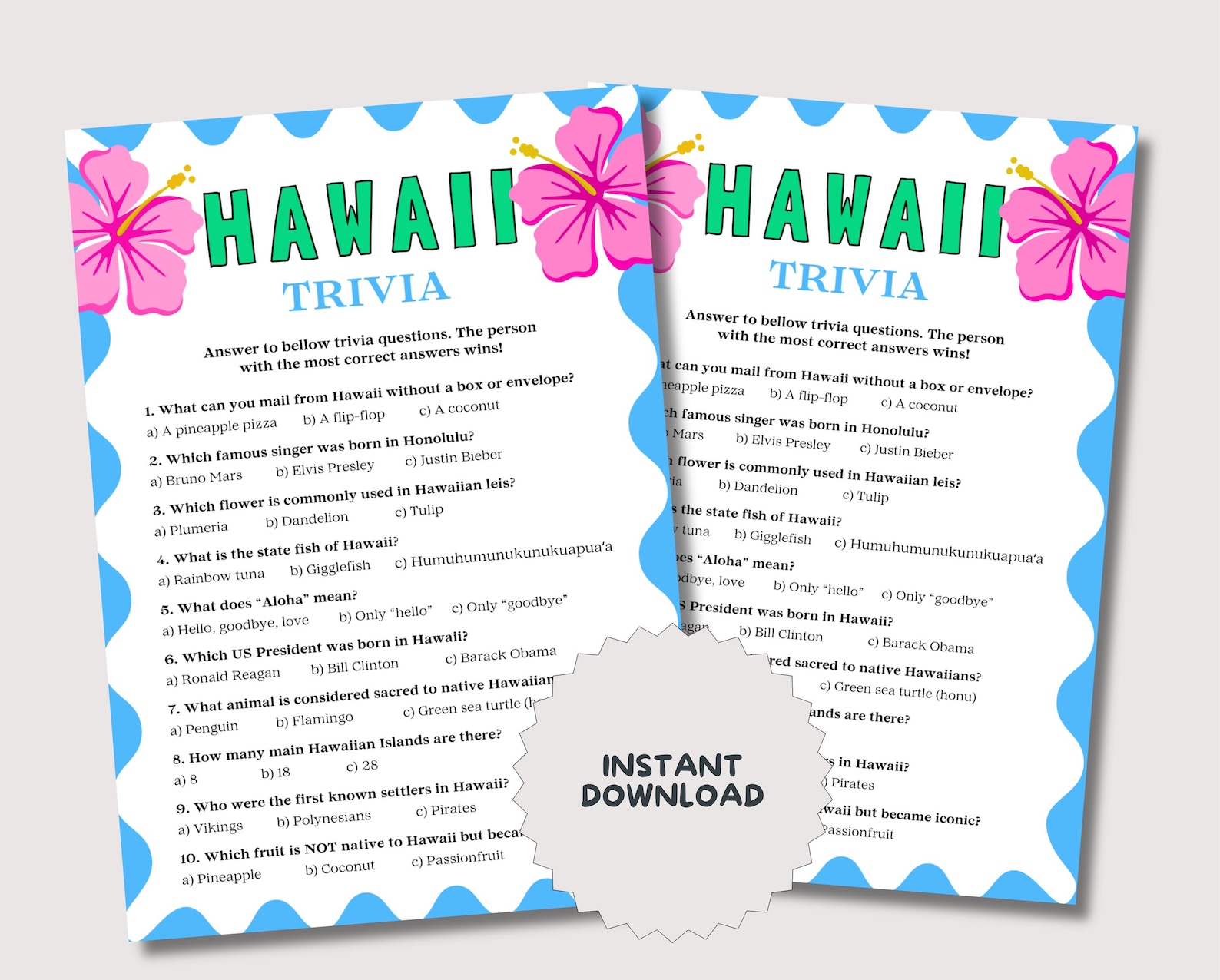 Hawaii Trivia Game, Printable Luau Party Game, Hawaiian Quiz, Aloha ...