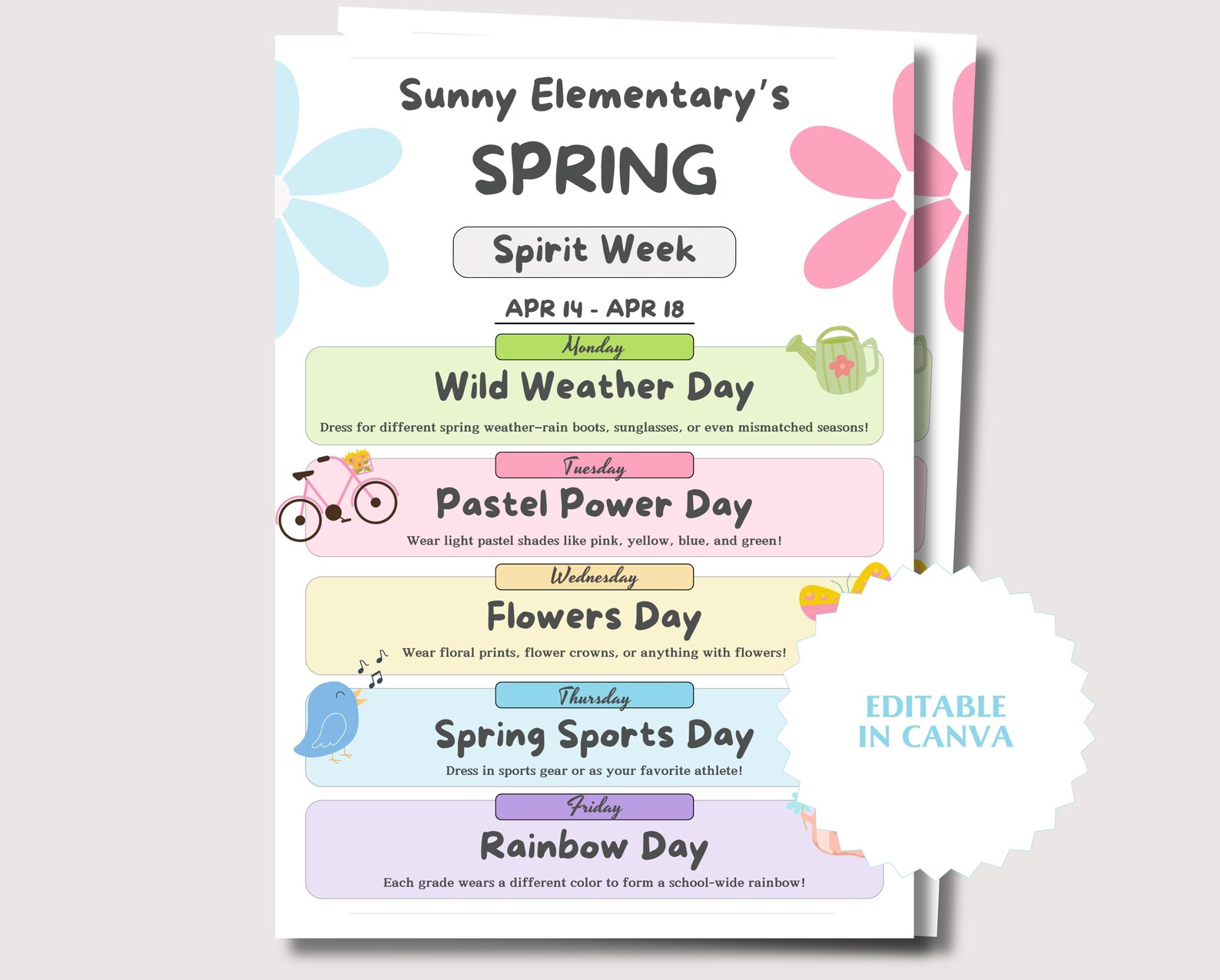 Spring Spirit Week Flyer Editable in Canva, Spring School Spirit Week ...