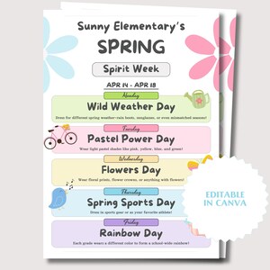 Spring Spirit Week Flyer Editable in Canva, Spring School Spirit Week ...