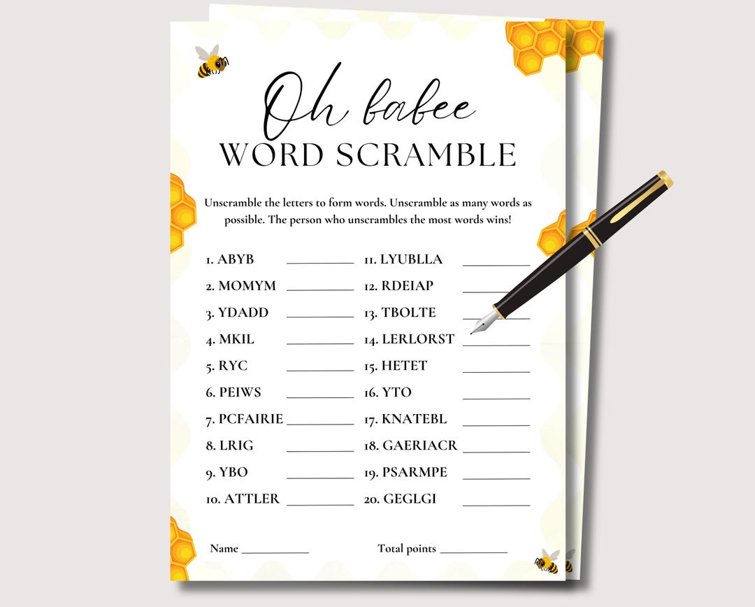 Bee Gender Reveal Word Scramble Game, Honey Bee Baby Shower Game, What ...