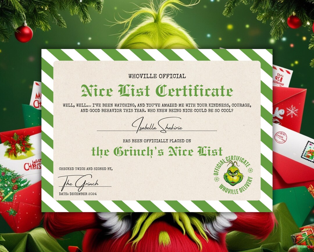 Editable Grinch Nice List Certificate, Printable Christmas Grinch ...