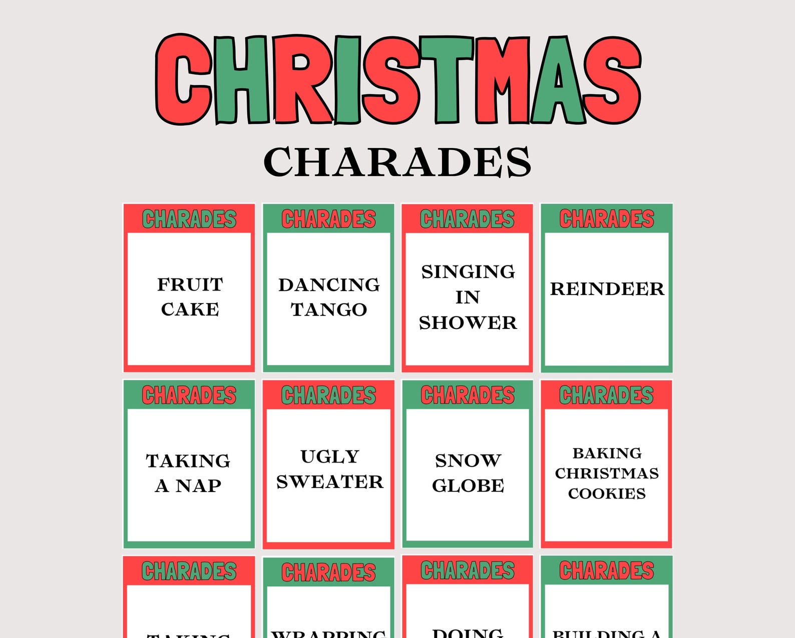 Christmas Charades, Fun Printable Christmas Party Game for Adults Kids ...