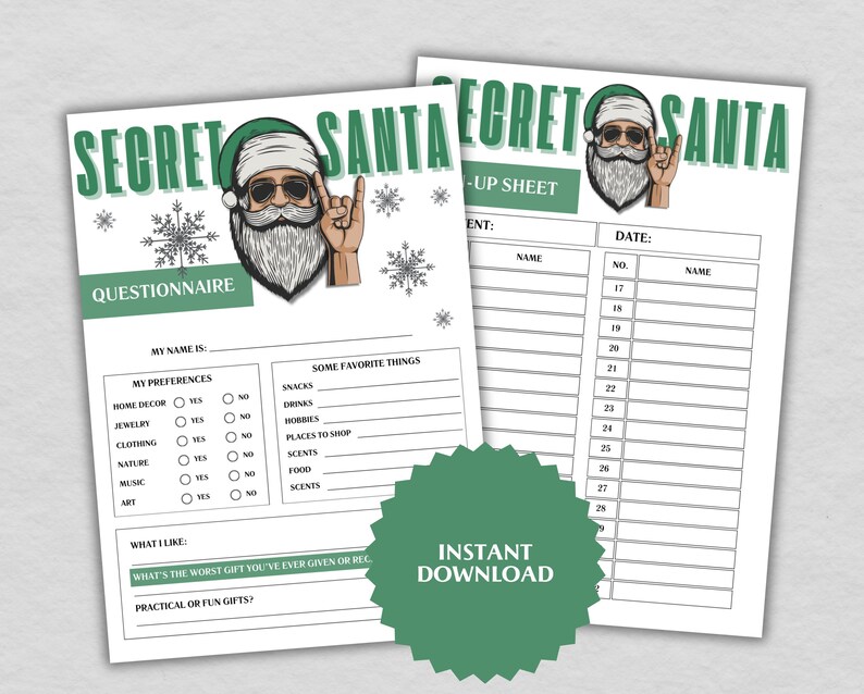 Secret Santa Questionnaire for Work & Sign up Sheet, Office Gift ...