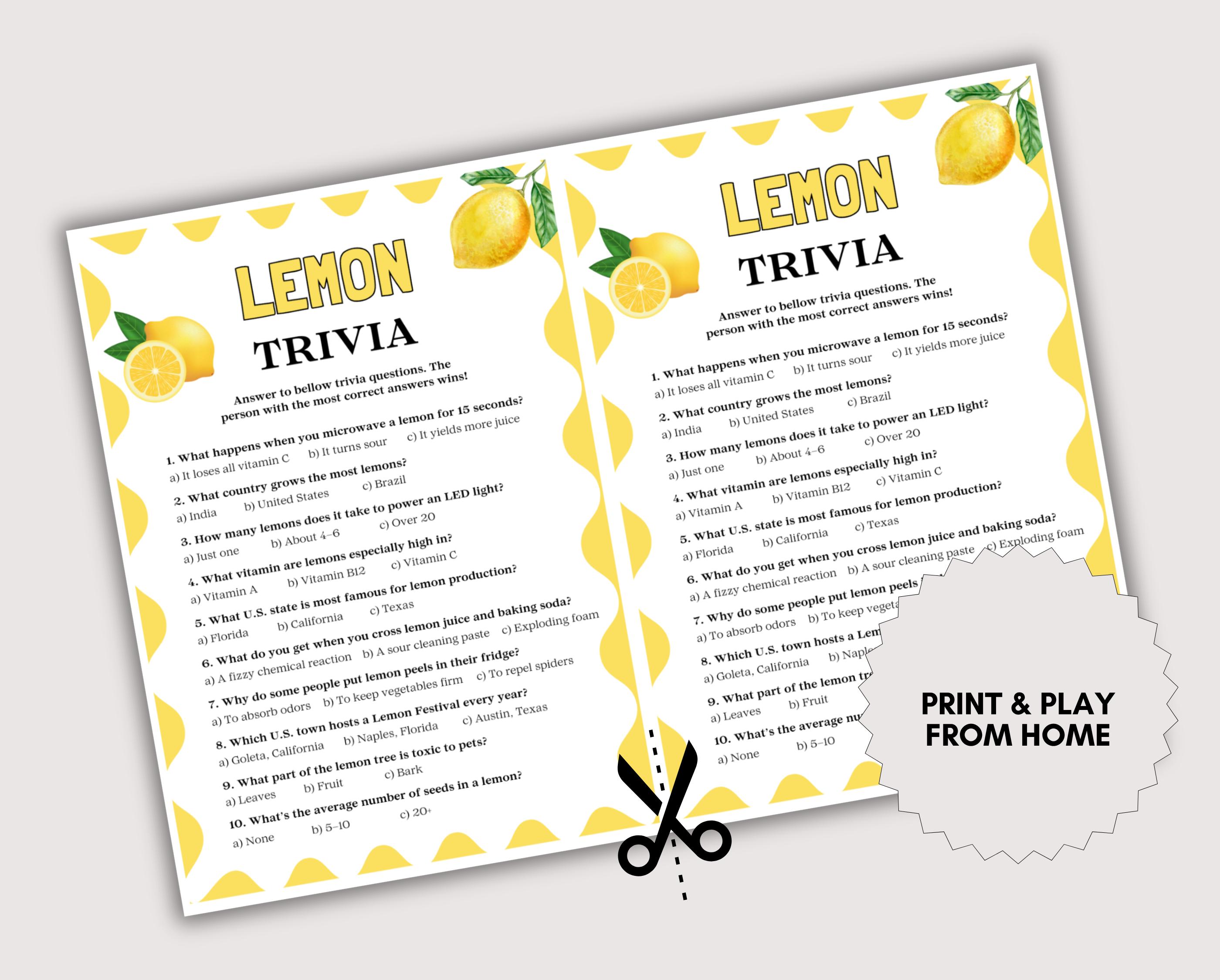 Lemon Trivia Game, Lemon Game for Kids Adults, Lemon Themed Baby Shower ...