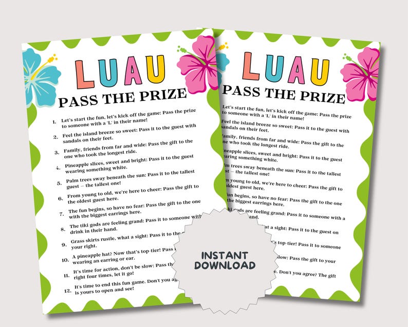 Luau Pass the Prize Game, Luau Party Games, Luau Games for Kids Adults ...