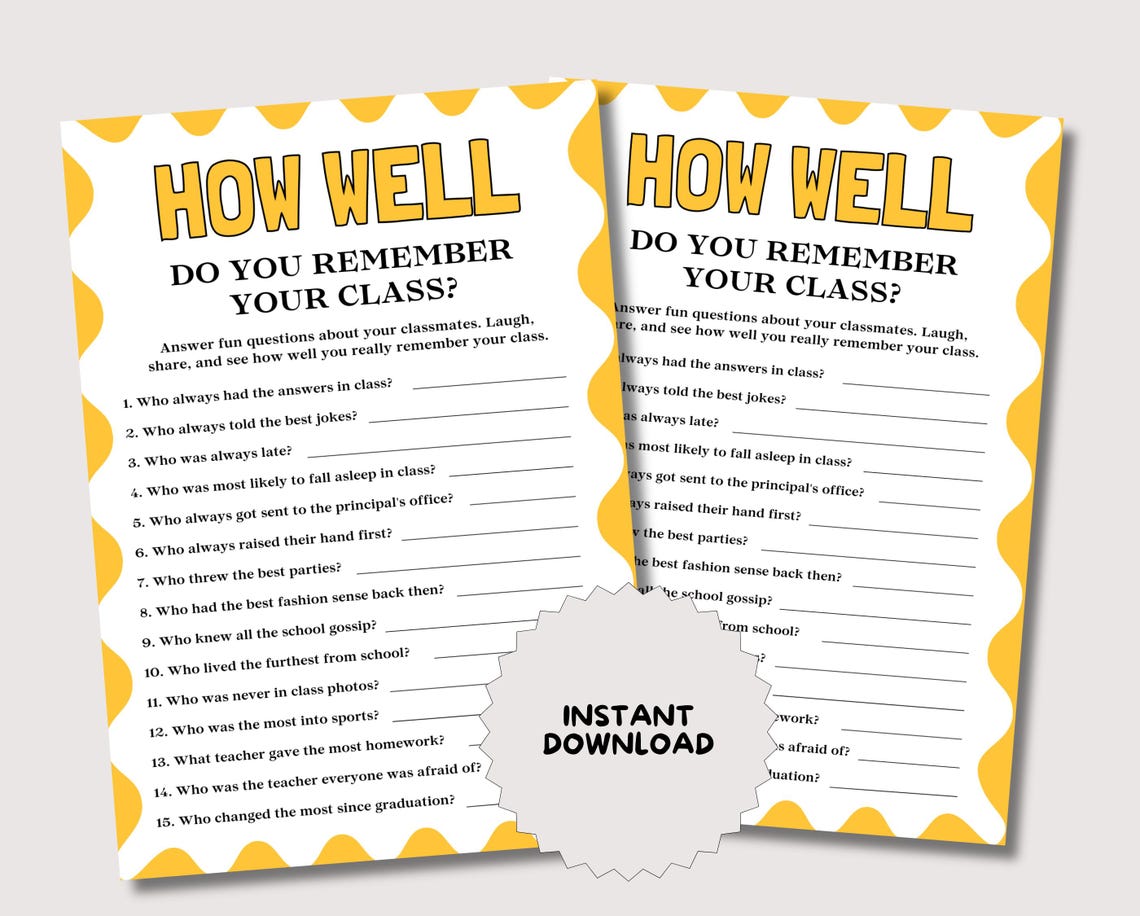 How Well Do You Remember Your Class, Fun Printable Class Reunion Game ...