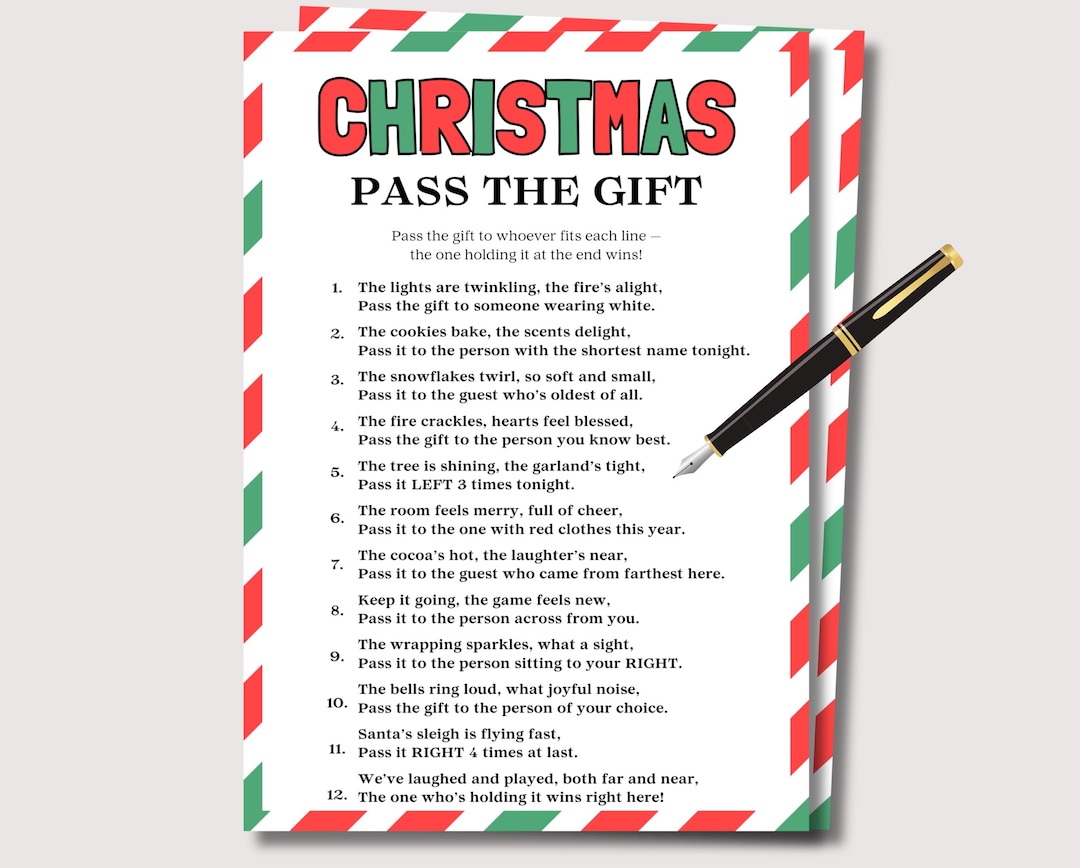 Pass the Gift, Fun Christmas Game for Adults Kids, Pass the Prize Poem ...