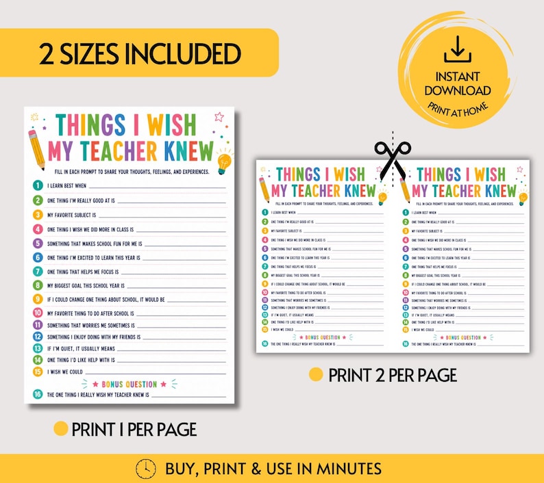 Things I Wish My Teacher Knew About Me Worksheet, Printable Back to ...