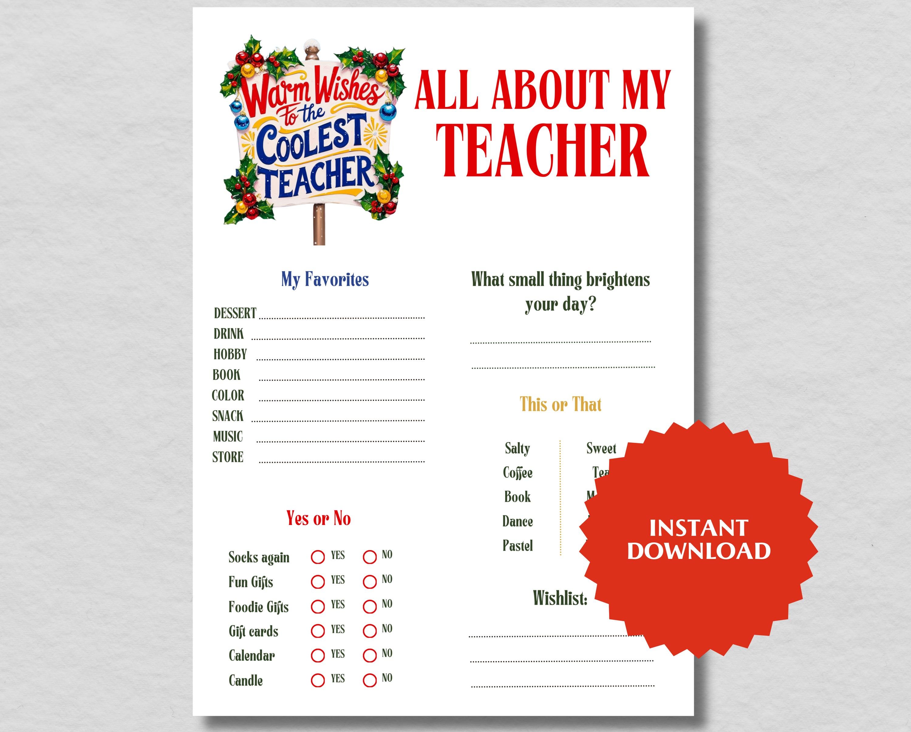 Christmas All About My Teacher Printable, Secret Teacher Questionnaire ...