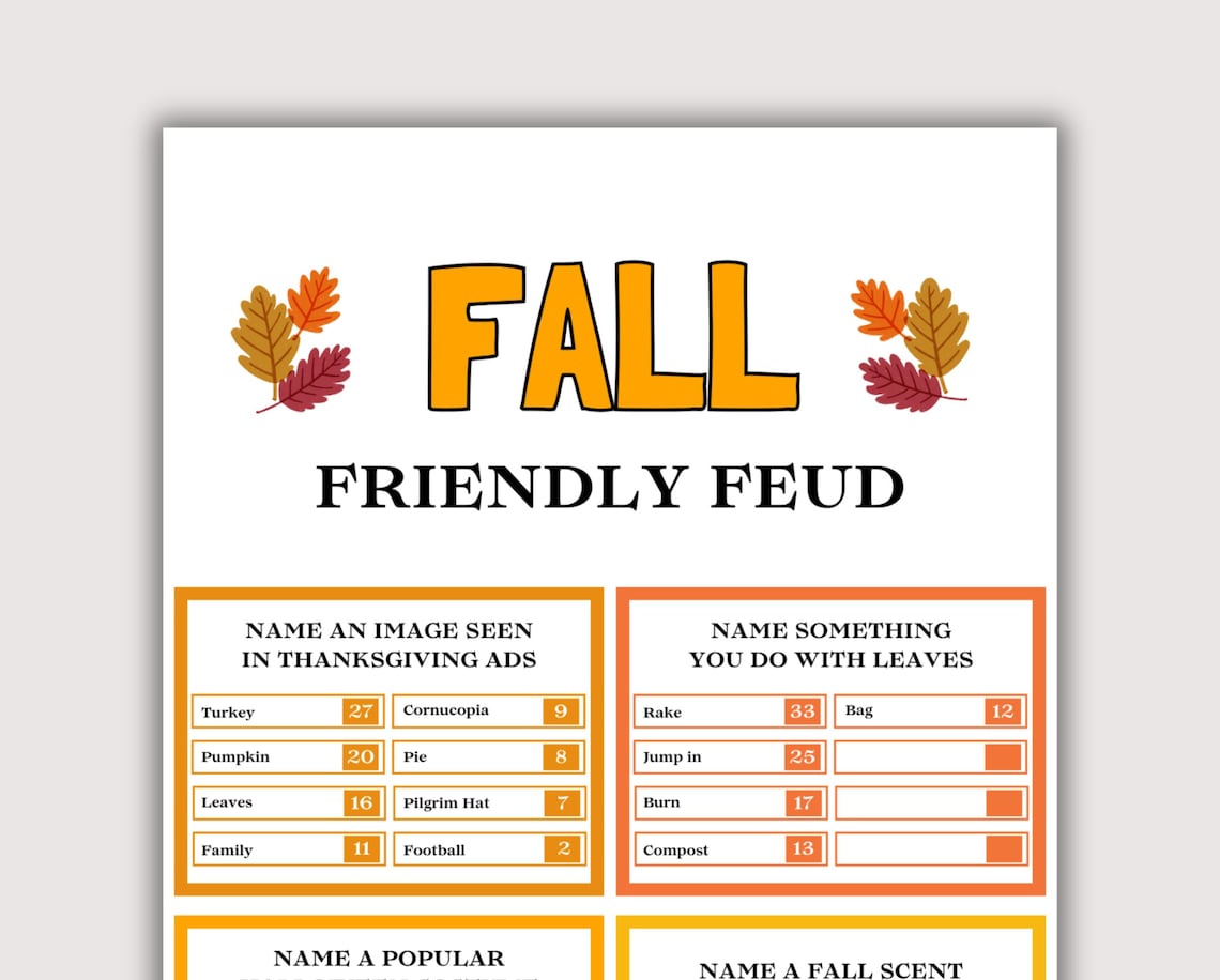 Fall Friendly Feud, Fall Party Games for Kids Adults, Autumn Friendly ...