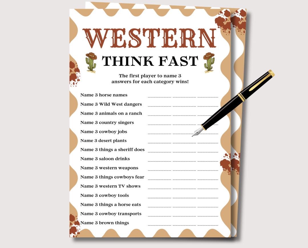 Western Think Fast Game, Fun Printable Wild West Game, Cowboy Game ...