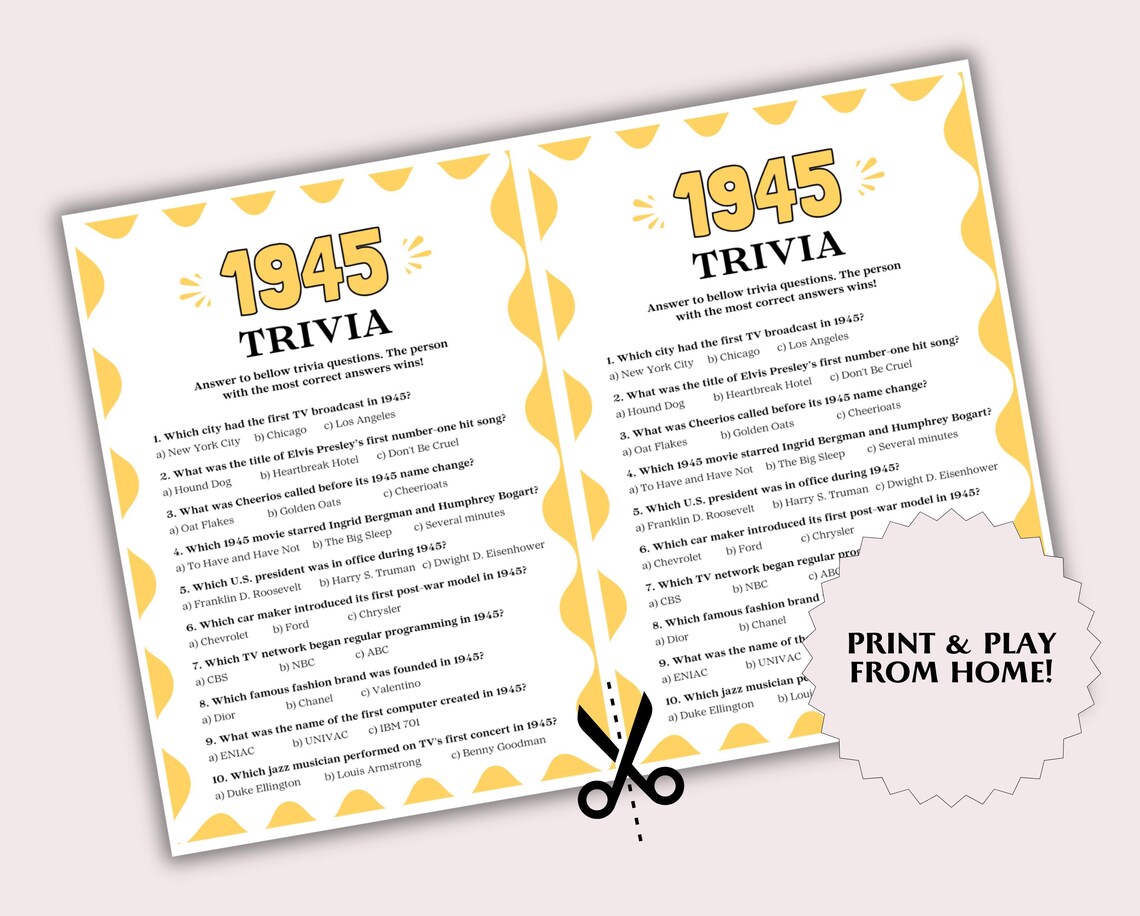 1945 Trivia Game, 80th Birthday Trivia, 80th Birthday Games, 1945 ...