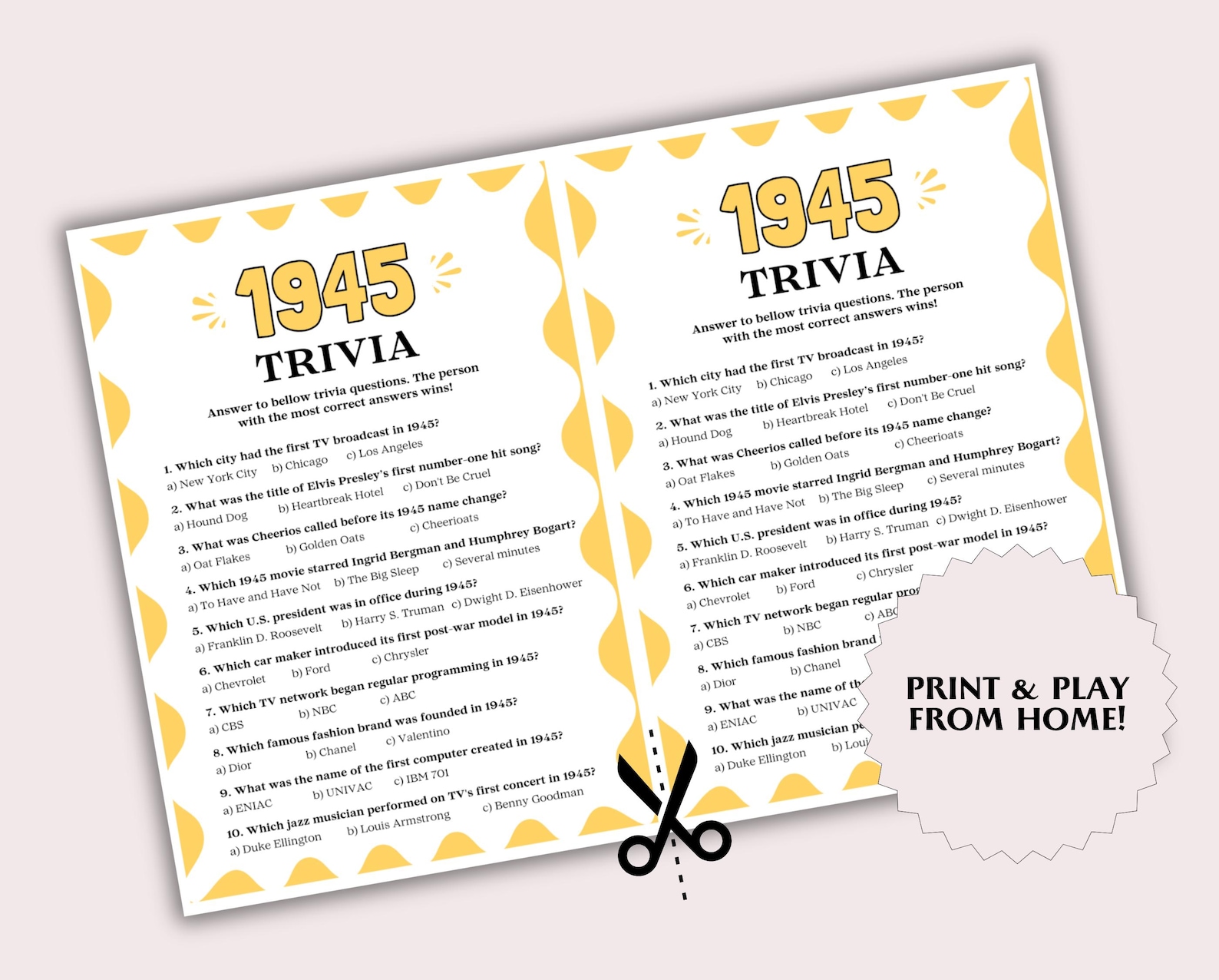 1945 Trivia Game, 80th Birthday Trivia, 80th Birthday Games, 1945 ...