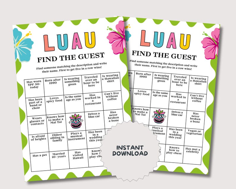 Luau Find the Guest Bingo, Luau Party Games, Hawaiian Themed Games Luau ...