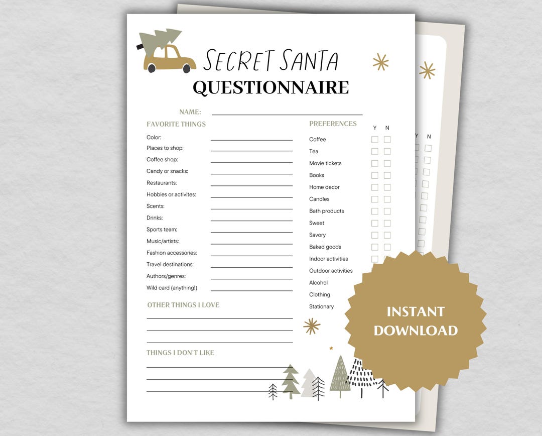 Secret Santa Questionnaire Printable, Secret Santa Survey, Simple ...