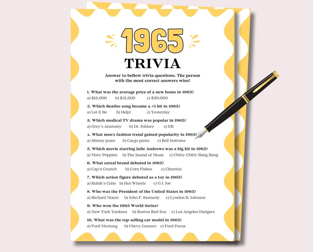 1965 Trivia Game, 60th Birthday Trivia, 60th Birthday Party Game, Born ...