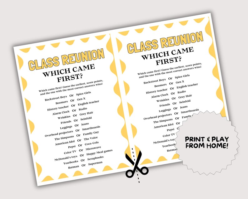 Class Reunion Games Which Came First, High School Reunion, Printable ...