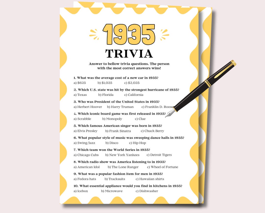 1935 Trivia Game, 90th Birthday Party Game, 1935 Birthday Games, Born ...
