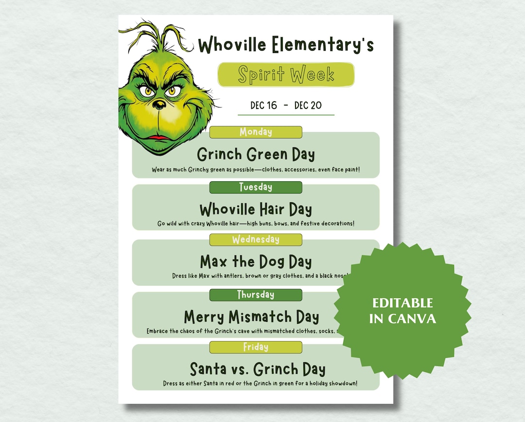 Grinch Spirit Week, Funny Christmas Spirit Week Template, Whoville ...