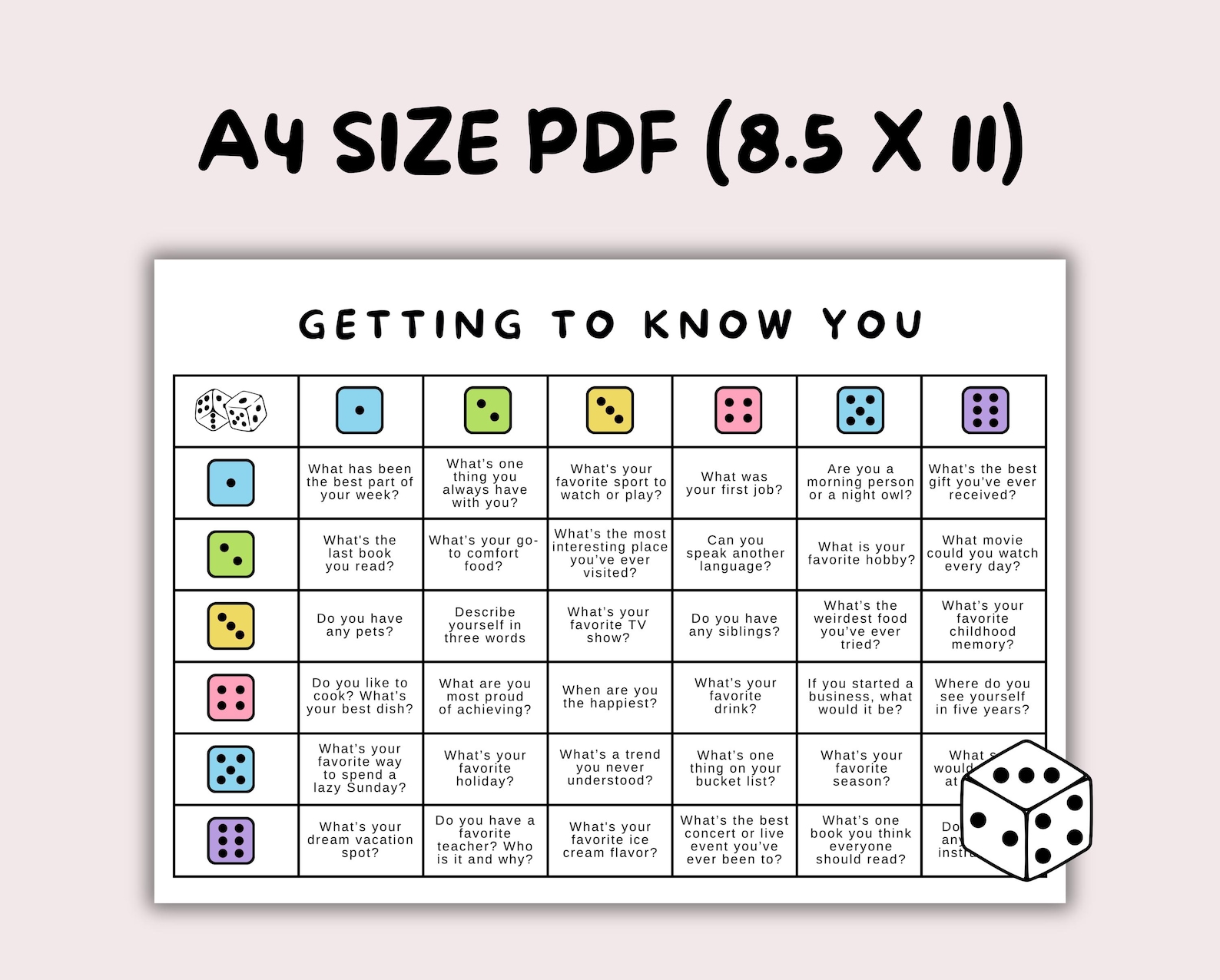 Dicebreaker Roll and Tell Game, Getting to Know You Game, Simple ...